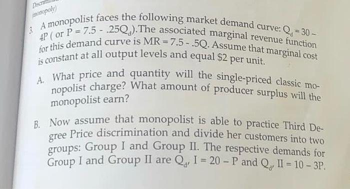 Solved 3. A monopolist faces the following market demand | Chegg.com
