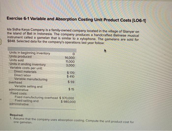 Solved Exercise 6-1 Variable and Absorption Costing Unit | Chegg.com
