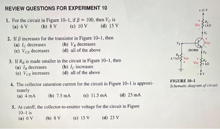 Solved REVIEW QUESTIONS FOR EXPERIMENT 10 1. For the circuit | Chegg.com