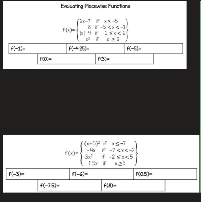 Solved Evaluating Piecewise Functions (2x-7 if x5-5 8 if -5 | Chegg.com