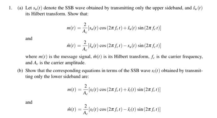 Solved (a) Let su(t) denote the SSB wave obtained by | Chegg.com