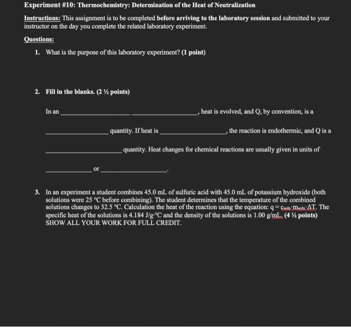 Solved xperiment \#10: Thermochemistry: Determination of the | Chegg.com