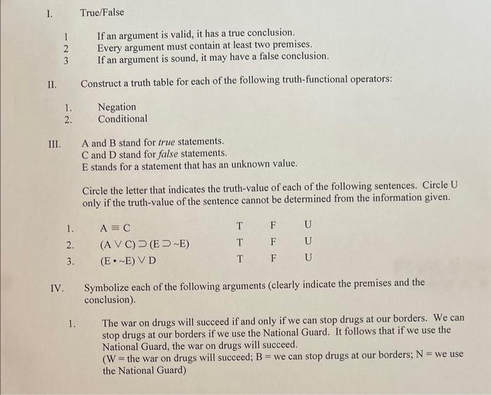 I. True/False 1 If an argument is valid, it has a | Chegg.com