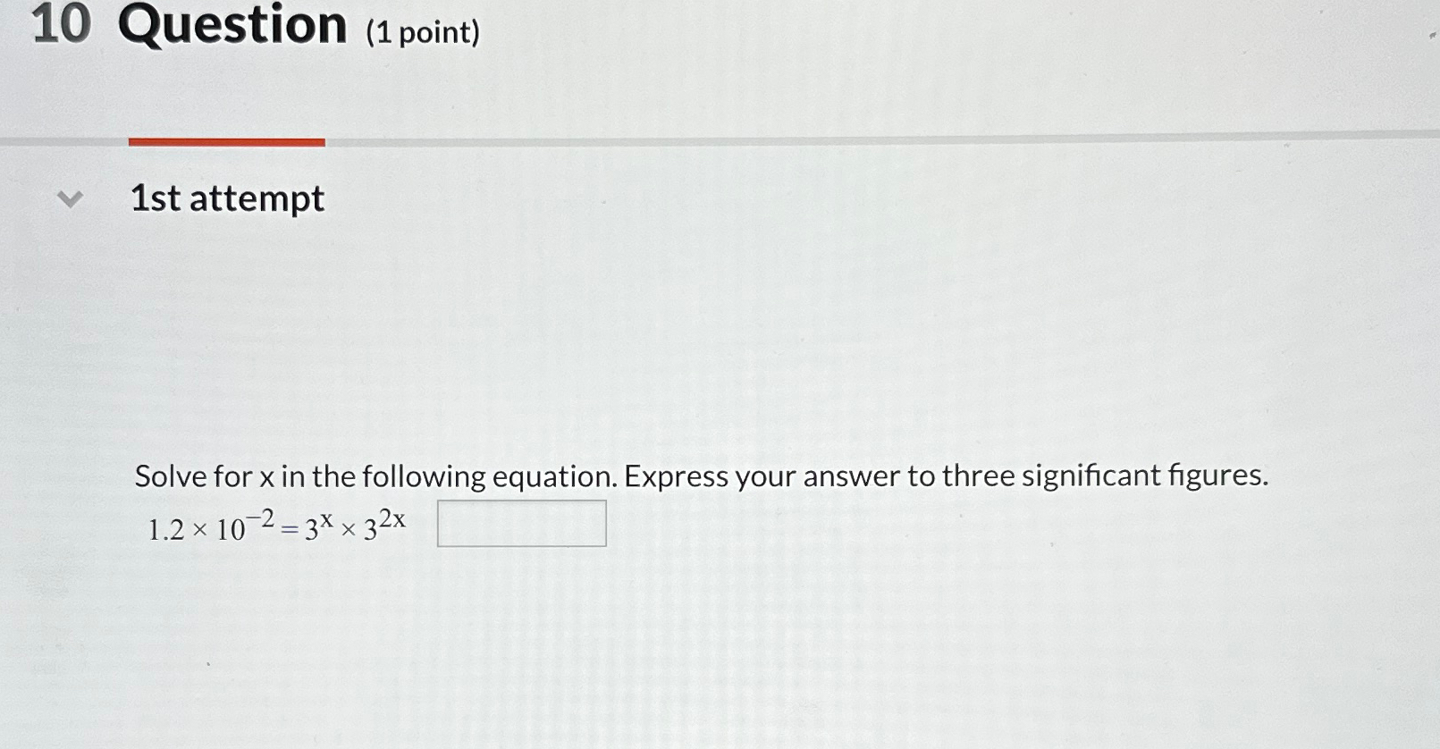 Solved 10 Question (1 point) 1 st attemptSolve for x in | Chegg.com Solved 10 Question (1 point) 1 st attemptSolve for x in | Chegg.com