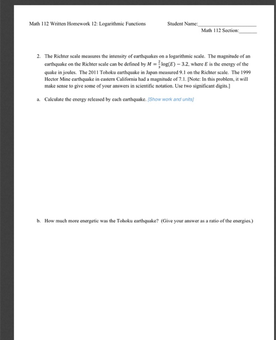 Solved Math 112 Written Homework 12 Logarithmic Functions