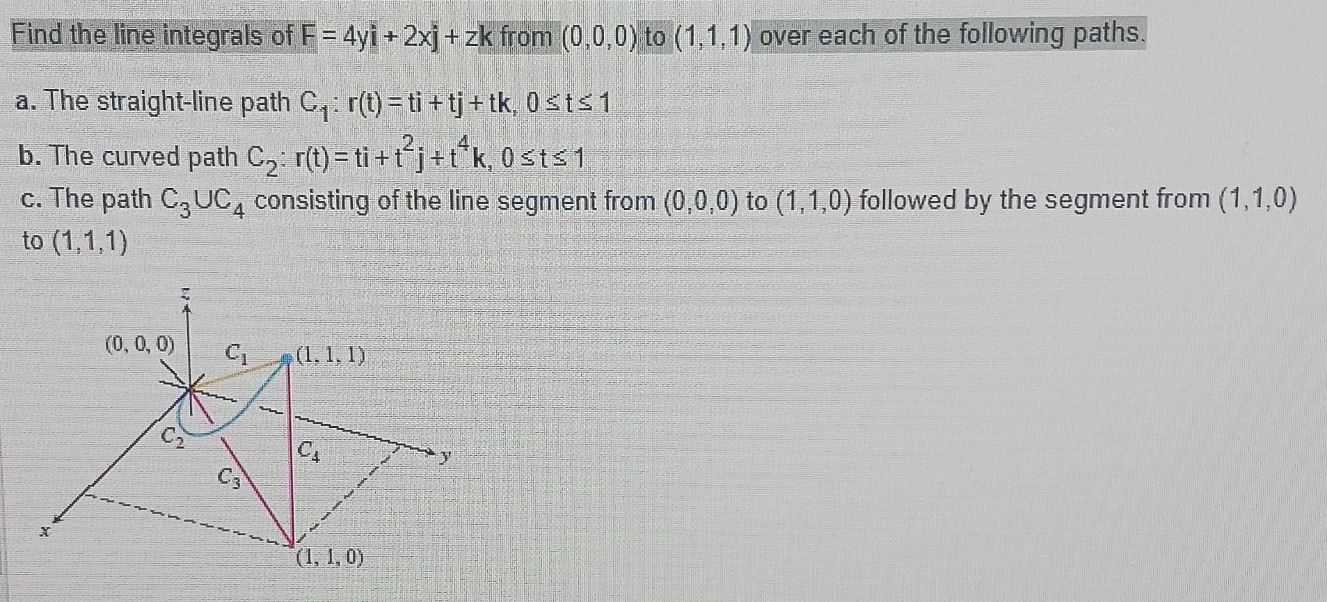 Solved Find the line integrals of F=4yi^+2xj^+zk from | Chegg.com