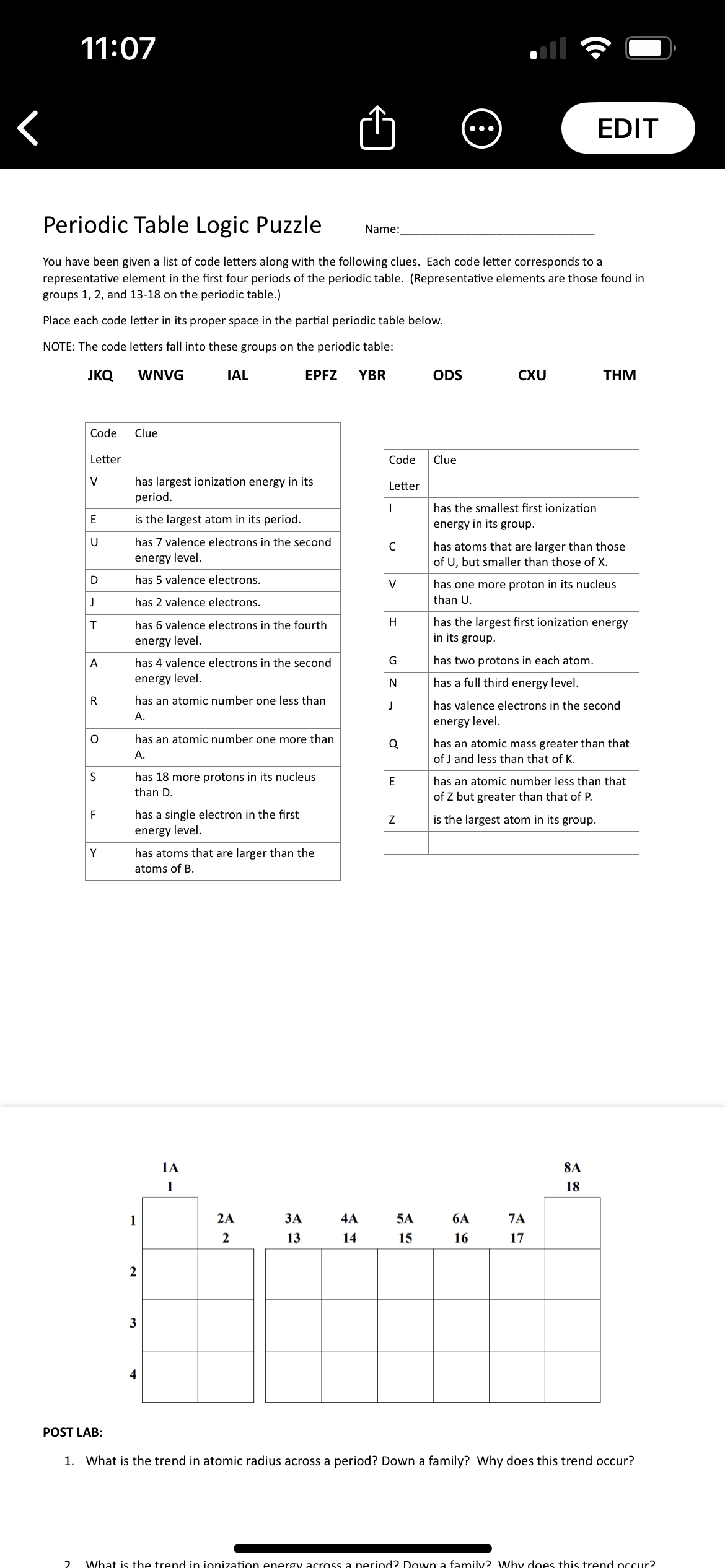 Solved 11:07Periodic Table Logic PuzzleName: q,You have been | Chegg.com