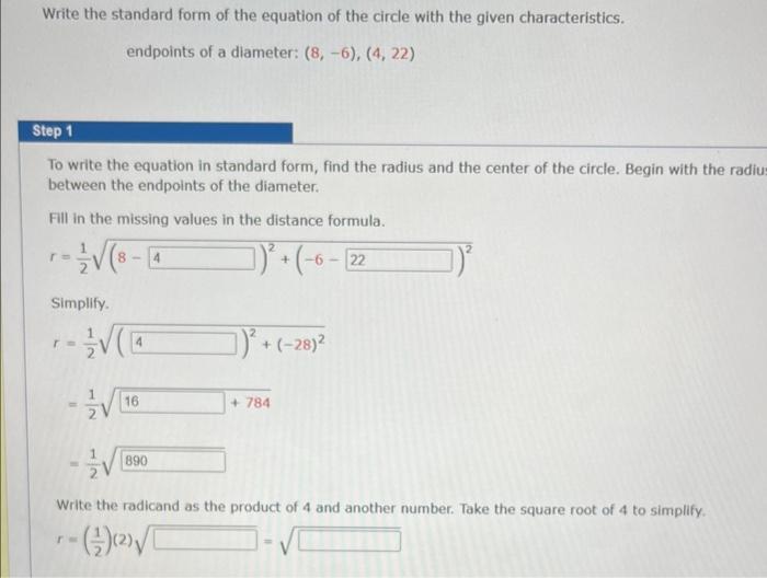 Solved Write the standard form of the equation of the circle | Chegg.com