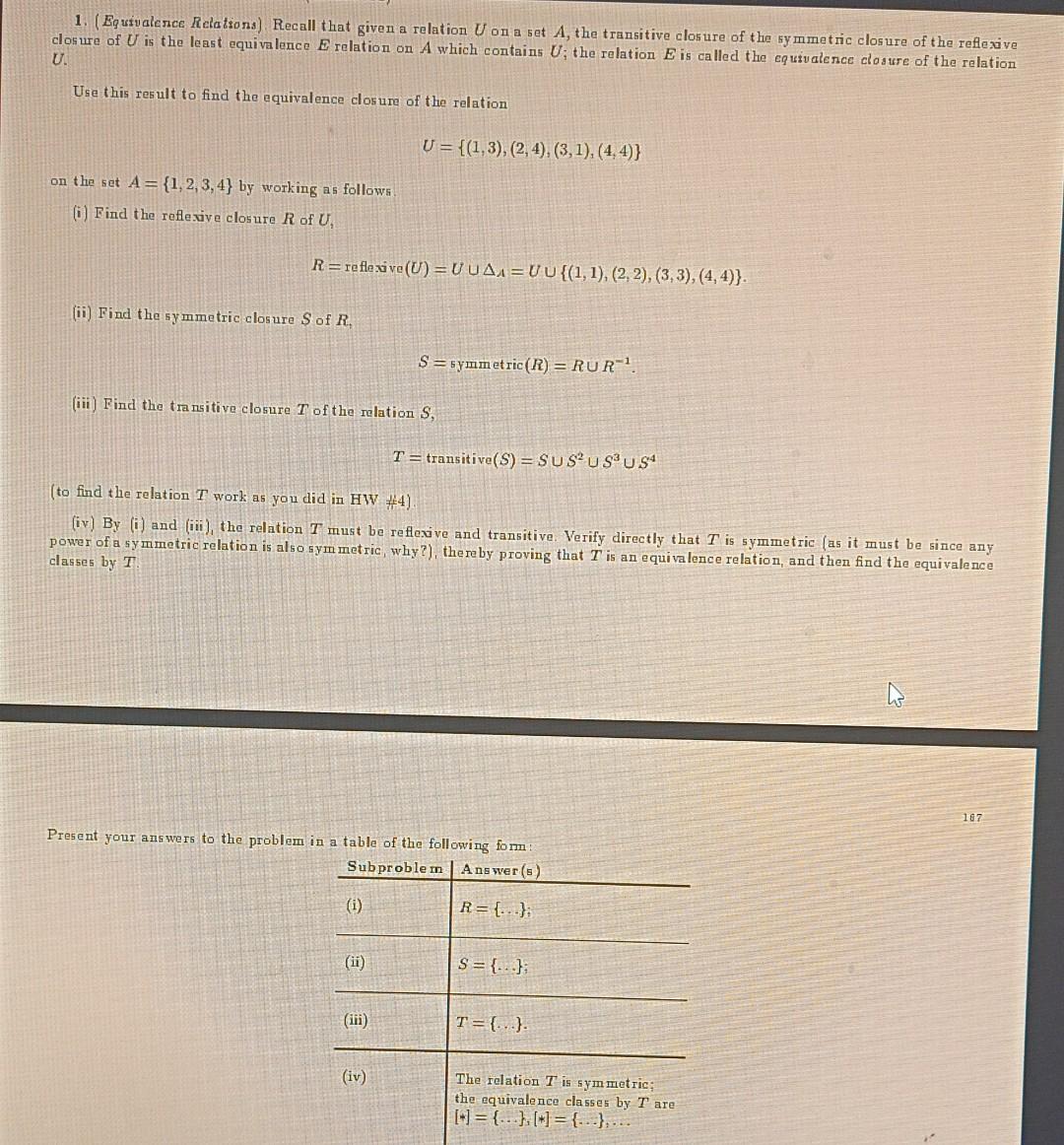 Solved 1. (Egutvalcres Relations). Recall that given a | Chegg.com