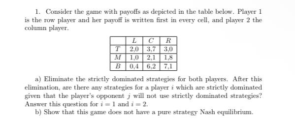 Solved Consider the game with payoffs as depicted in the | Chegg.com