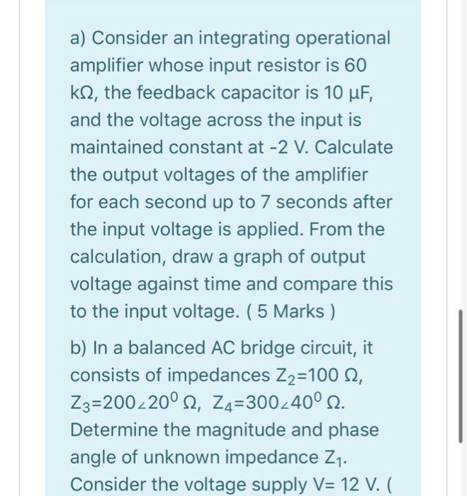 Solved a) Consider an integrating operational amplifier | Chegg.com