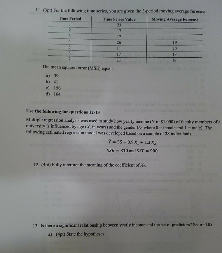 Solved 1 3 11. (3pt) For the following time series, you are | Chegg.com