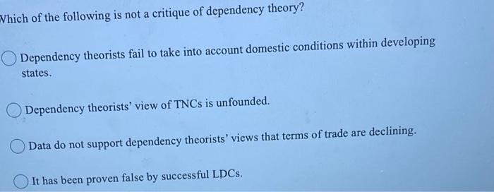 Solved question 15 (0.5 points) Dependency theory emphasizes | Chegg.com