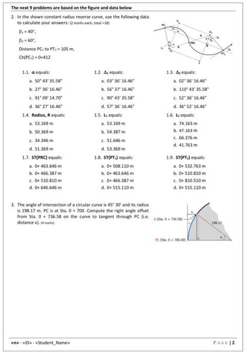 Solved 2. In the shown constant radius reverse curve, use | Chegg.com