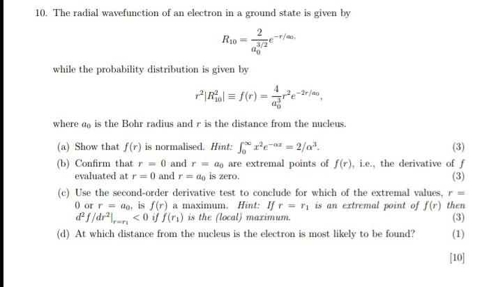 Solved 10. The radial wavefunction of an electron in a | Chegg.com
