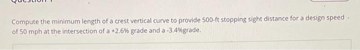 Solved Compute the minimum length of a crest vertical curve | Chegg.com