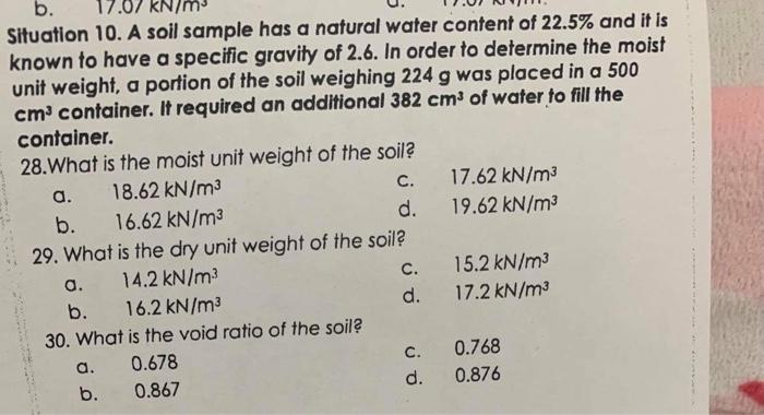 Solved Situation 10. A soil sample has a natural water | Chegg.com
