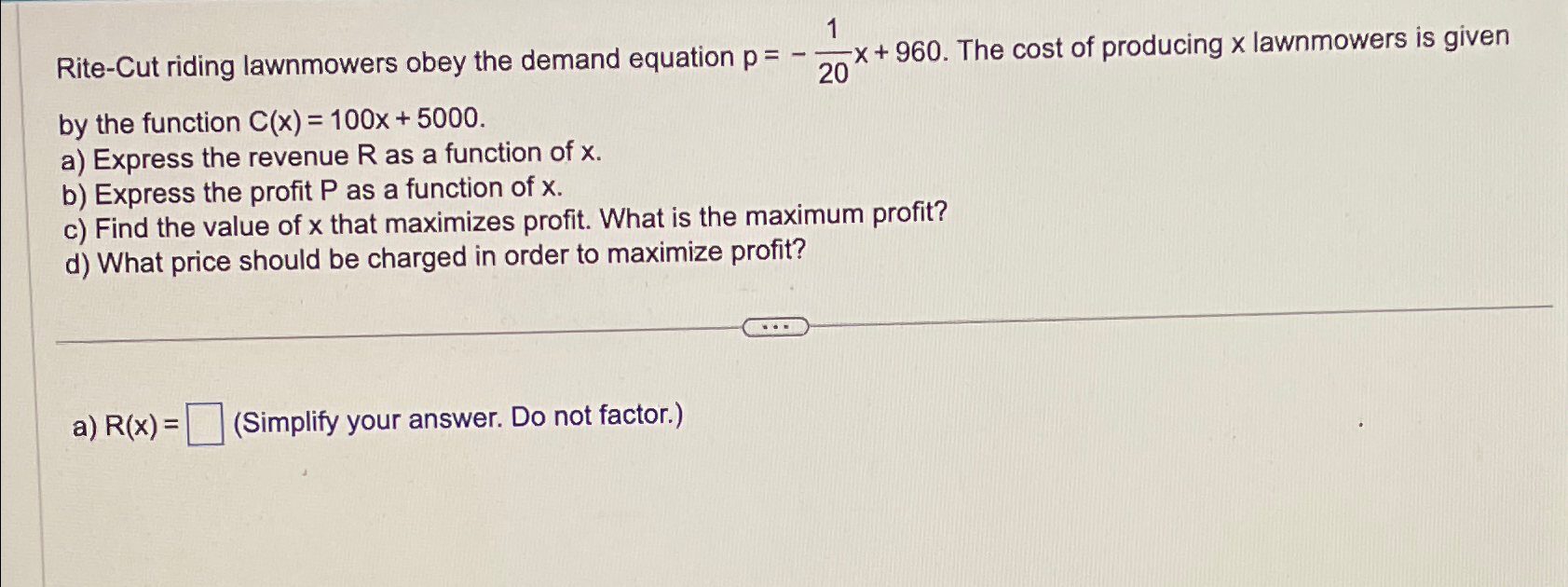 Solved Rite-Cut riding lawnmowers obey the demand equation | Chegg.com