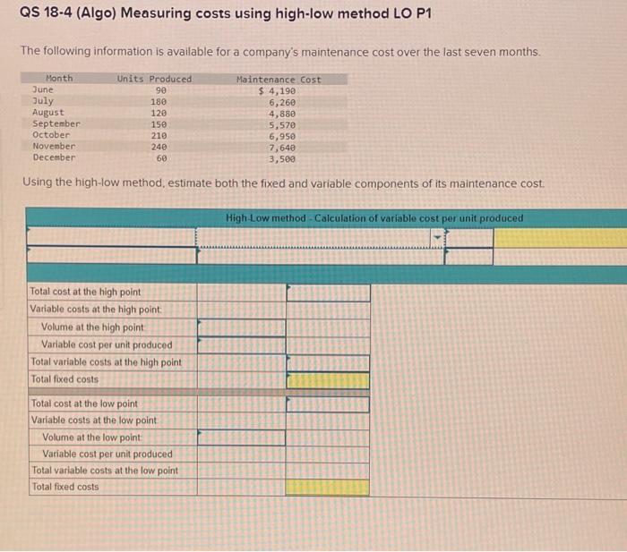 Solved QS 18−4 (Algo) Measuring costs using high-low method | Chegg.com