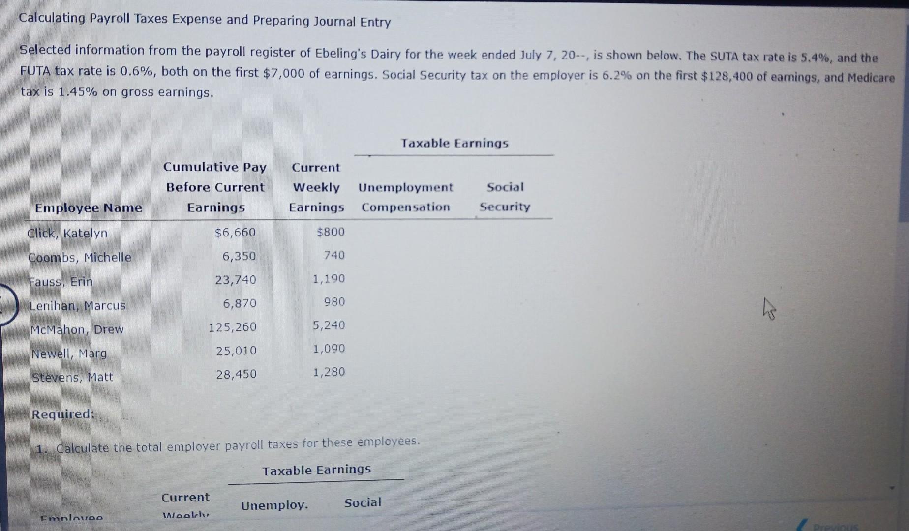 Solved Calculating Payroll Taxes Expense and Preparing | Chegg.com