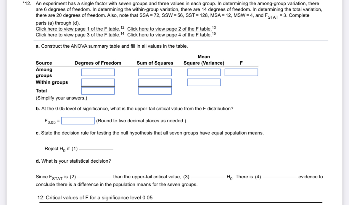 Solved *12. ﻿An experiment has a single factor with seven | Chegg.com