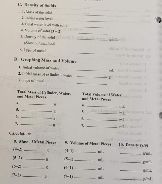 C. Density of Solids 1. Mass of the solid 2. Initial | Chegg.com