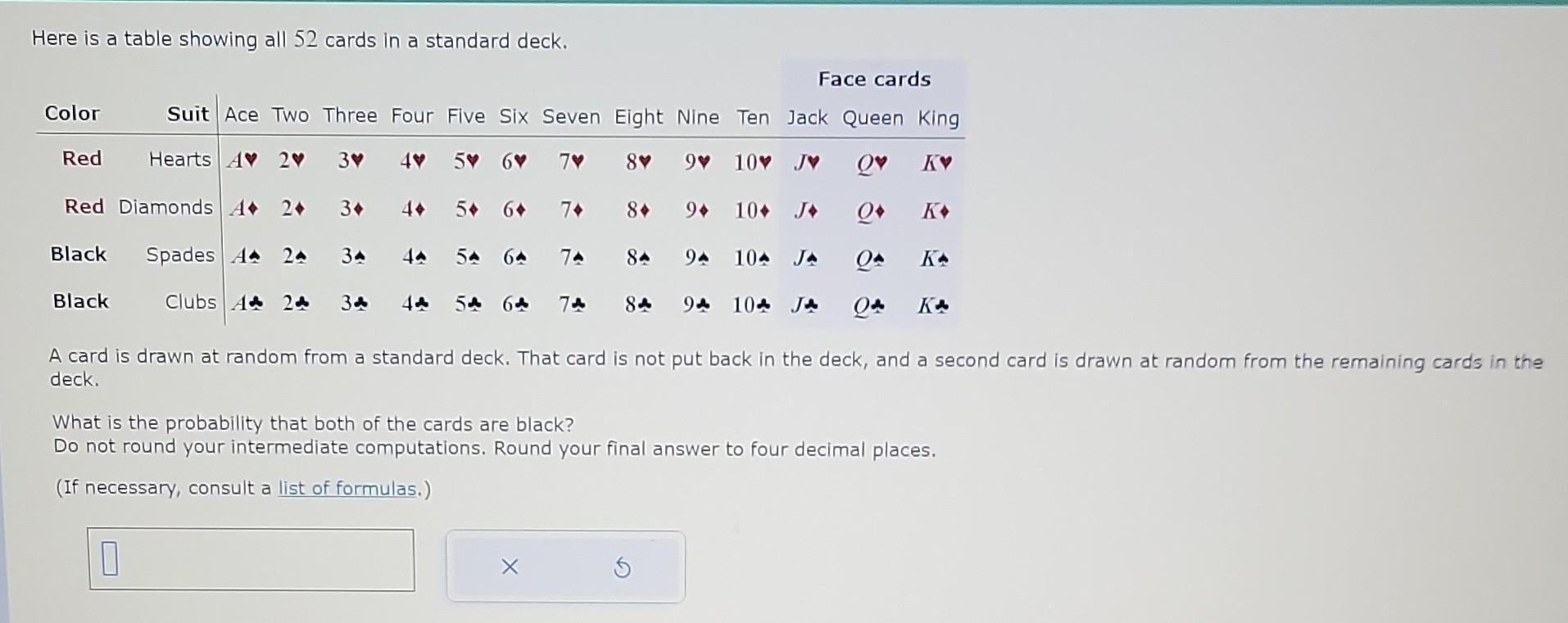 Solved Here is a table showing all 52 cards in a standard | Chegg.com