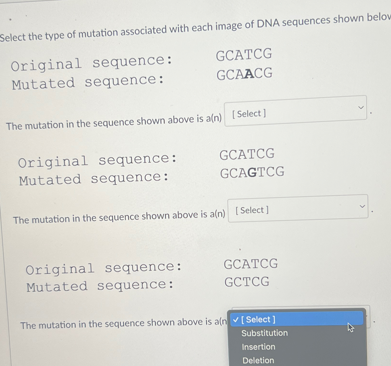 Solved Select the type of mutation associated with each | Chegg.com