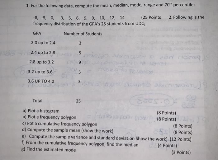 Solved 1. For the following data, compute the mean, median, | Chegg.com
