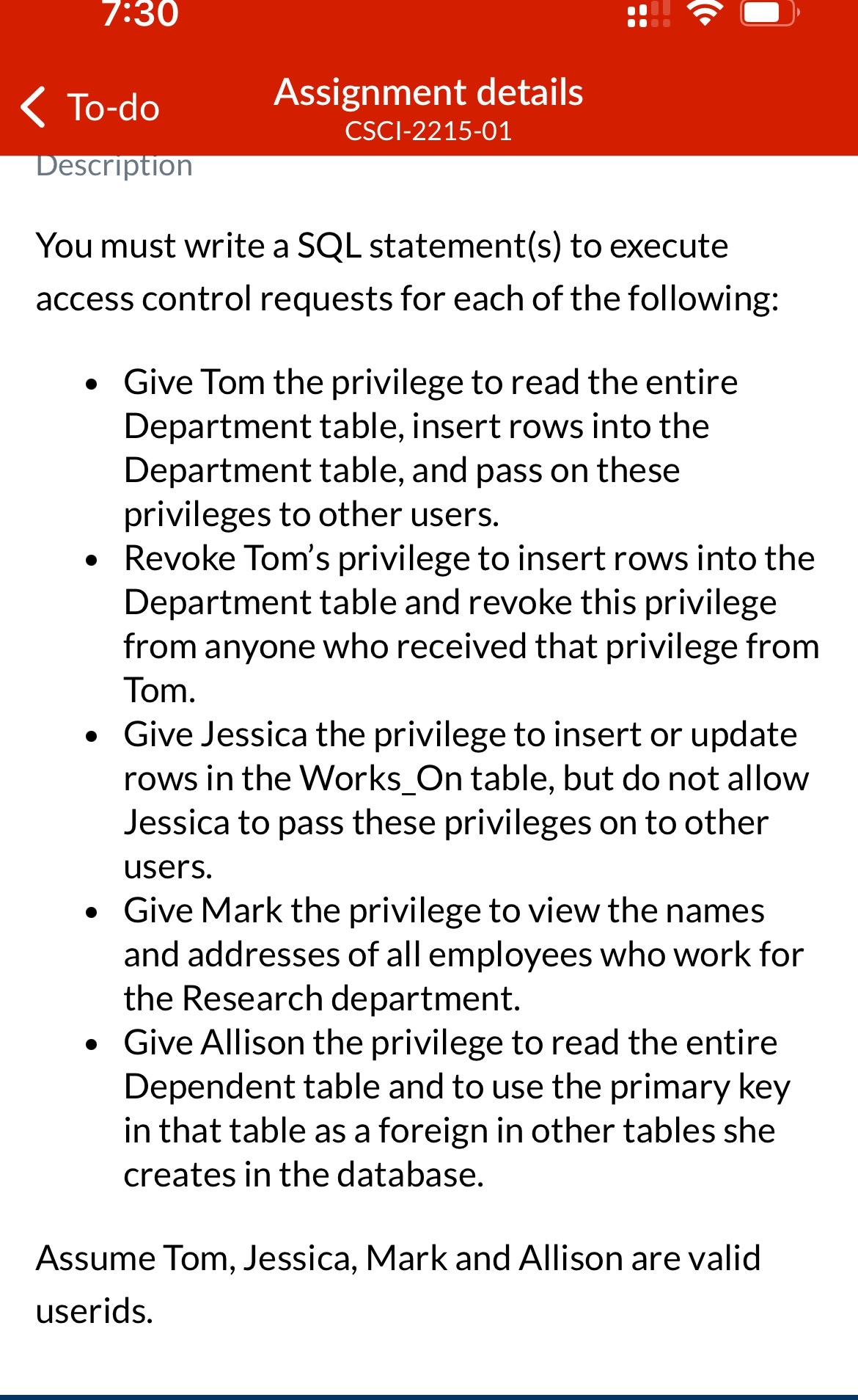 Solved 7:30To-doAssignment detailsCSCI-2215-01DescriptionYou | Chegg.com