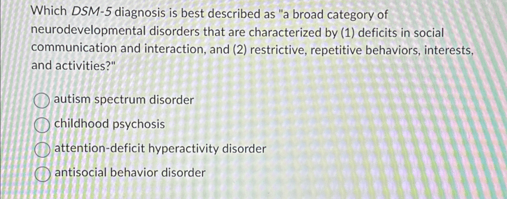Solved Which DSM-5 ﻿diagnosis is best described as "a broad | Chegg.com