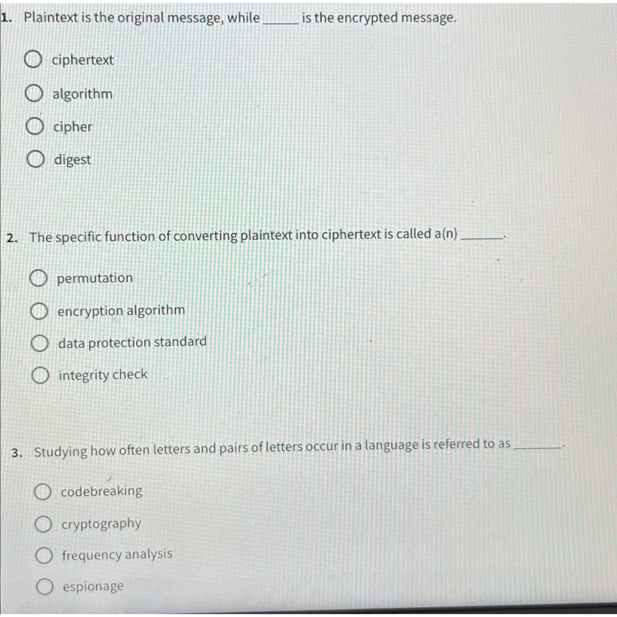 Solved Plaintext is the original message, while is the | Chegg.com