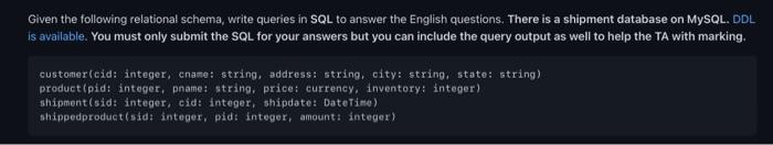 Solved Given the following relational schema, write queries | Chegg.com