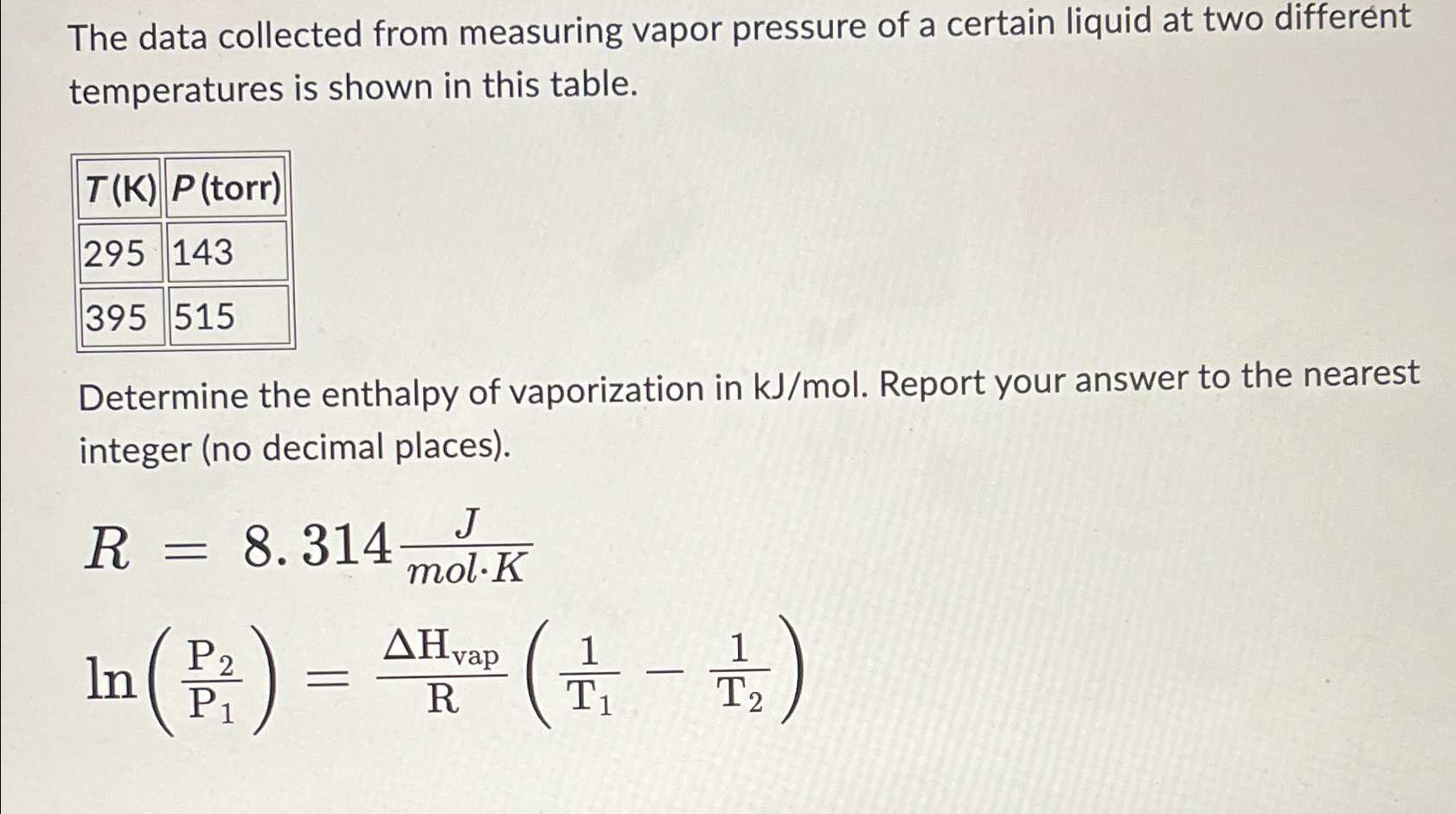 Solved The data collected from measuring vapor pressure of a | Chegg.com