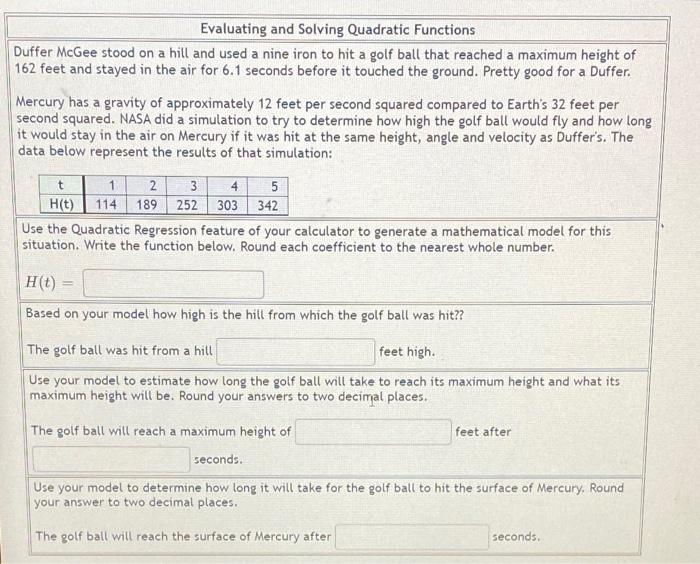 Solved Evaluating and Solving Quadratic Functions Duffer | Chegg.com