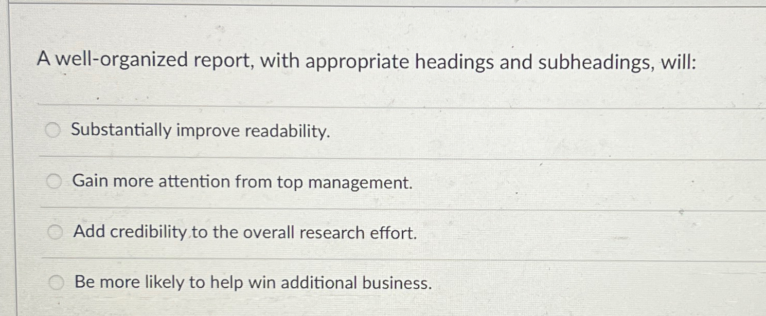 Solved A well-organized report, with appropriate headings | Chegg.com