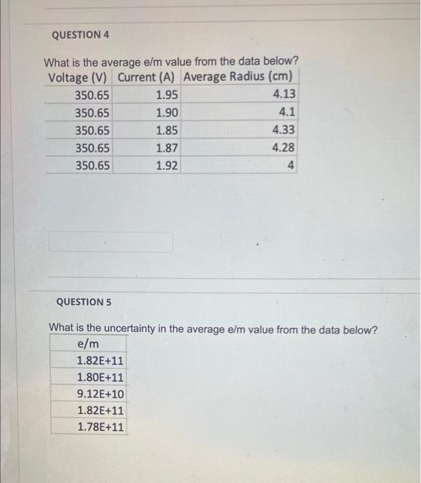 Solved QUESTION 4 What is the average e/m value from the | Chegg.com