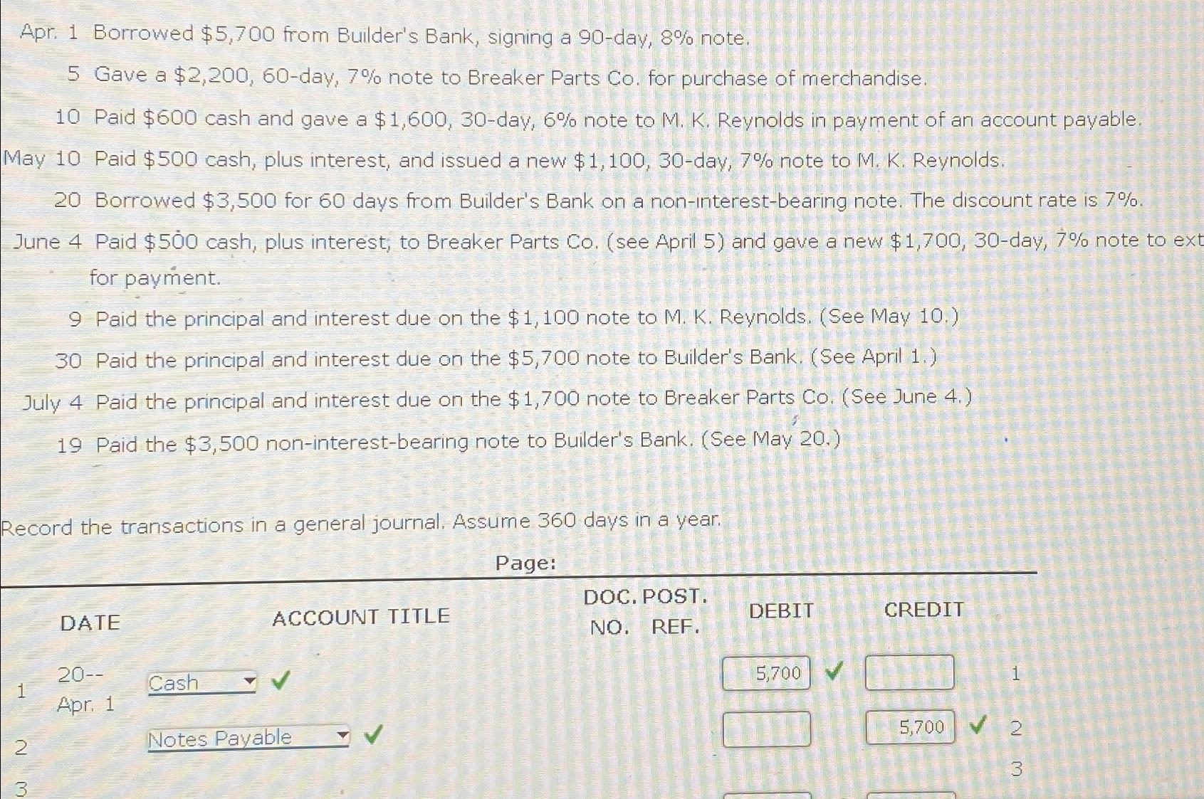 Solved Apr. 1 ﻿Borrowed $5,700 ﻿from Builder's Bank, signing | Chegg.com