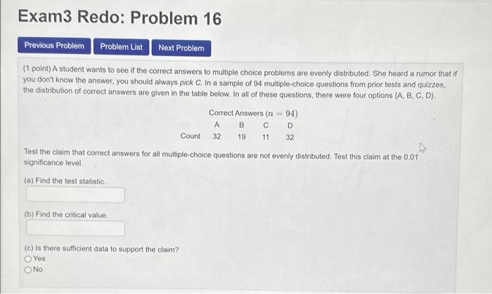 Solved (1 point) A student wants to see if the correct | Chegg.com