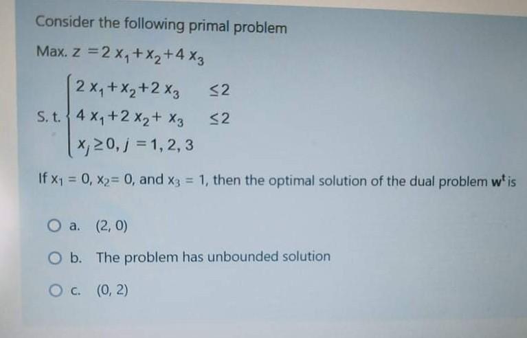 Solved Consider the following primal problem Max. z = 2 | Chegg.com