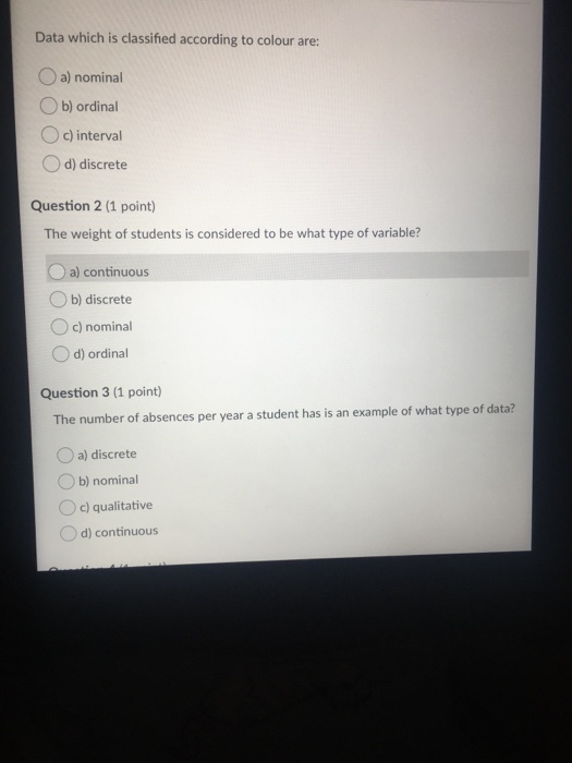 Solved Data which is classified according to colour are: a) | Chegg.com