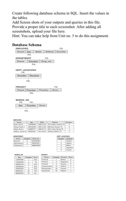 Solved Create following database schema in SQL. Insert the | Chegg.com