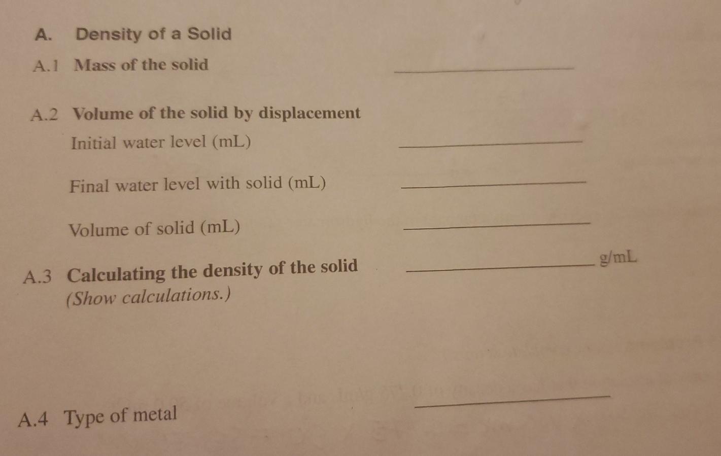 Solved A. Density of a Solid A.1 Mass of the solid A.2 | Chegg.com