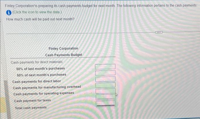 Solved Finley Corporation is preparing its cash payments | Chegg.com