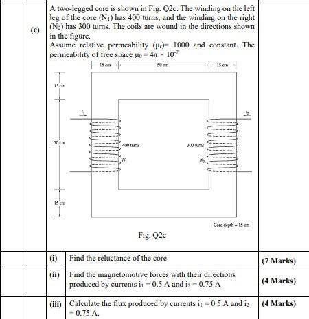 Solved (c) A two-legged core is shown in Fig. Q2c. The | Chegg.com