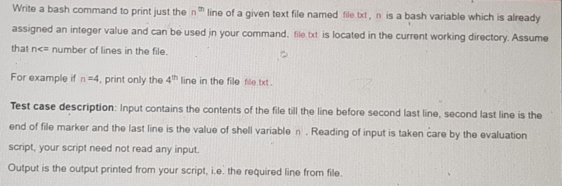 Solved Write A Bash Command To Print Just The Nt Line Of A Chegg
