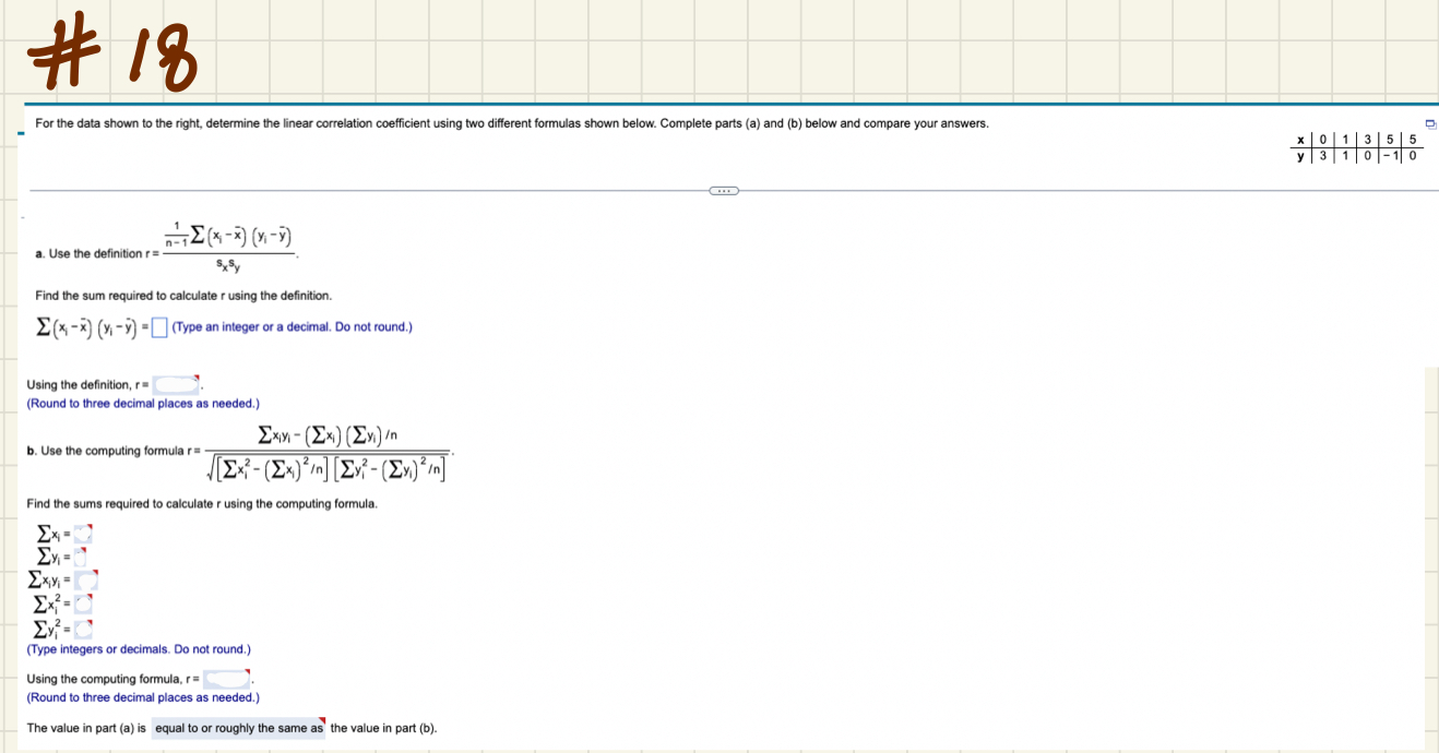 Solved 半 18For the data shown to the right, determine the | Chegg.com