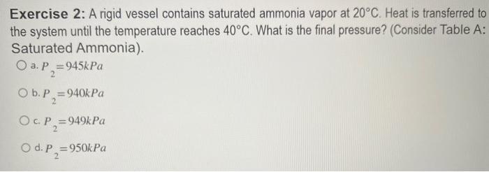 Solved Exercise 2: A rigid vessel contains saturated ammonia | Chegg.com