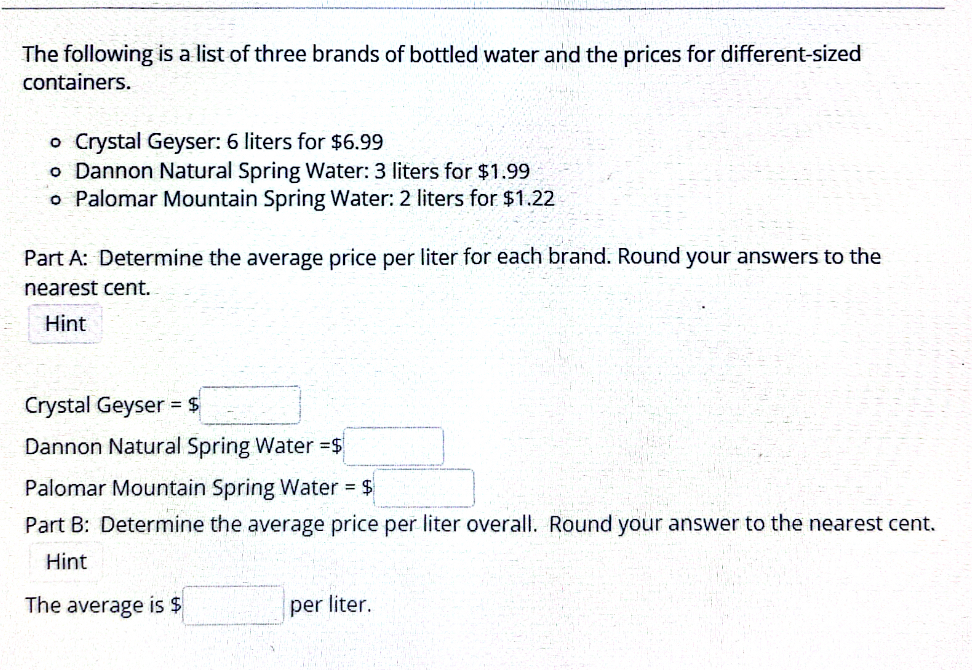 Solved The following is a list of three brands of bottled | Chegg.com