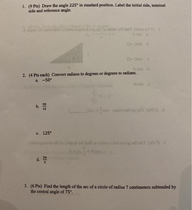 Solved 1. (9 Pts) Draw the angle 225° in standard position. | Chegg.com